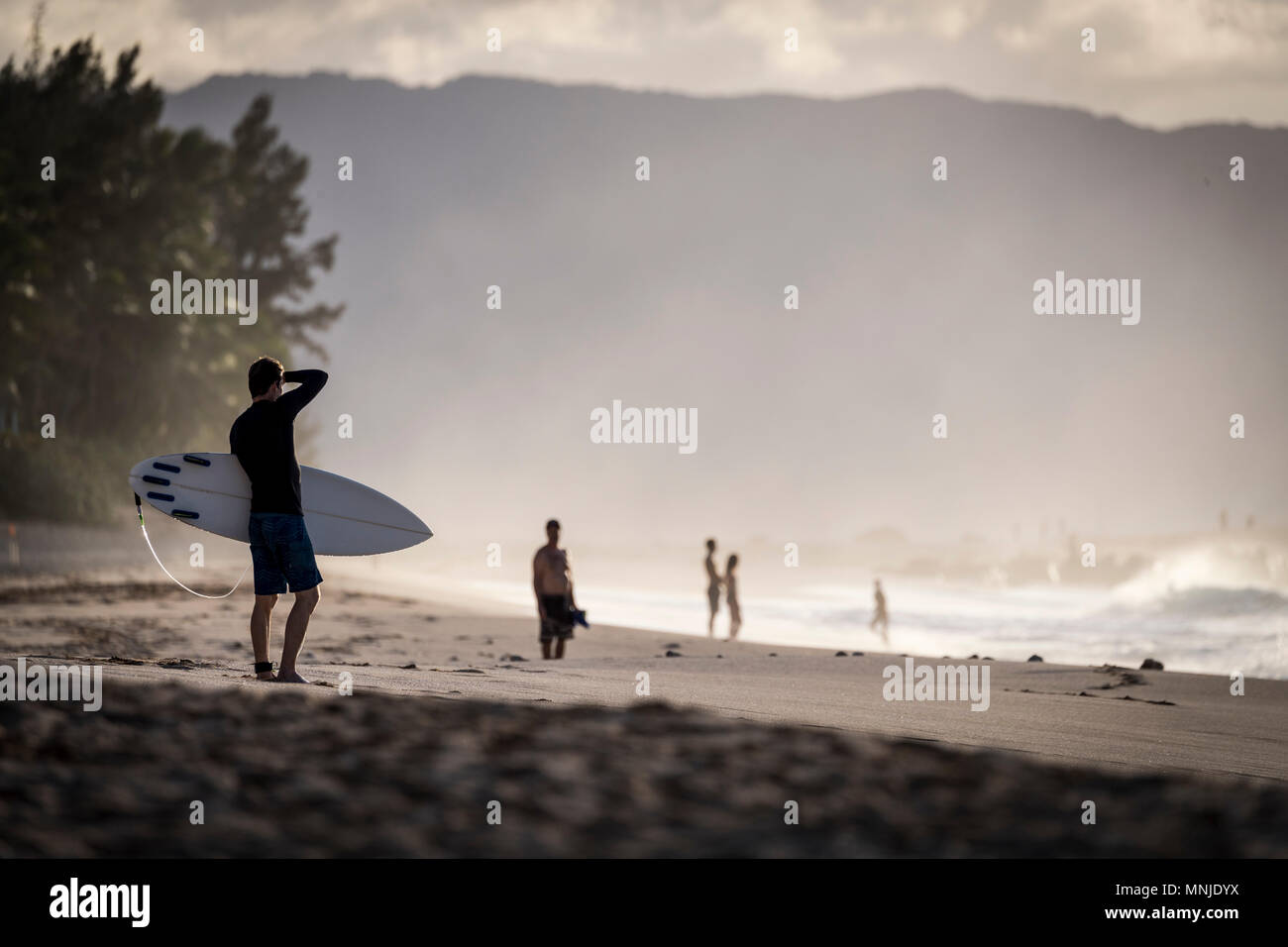 Male surfer standing and holding surfboard on beach, Oahu, Hawaii ...