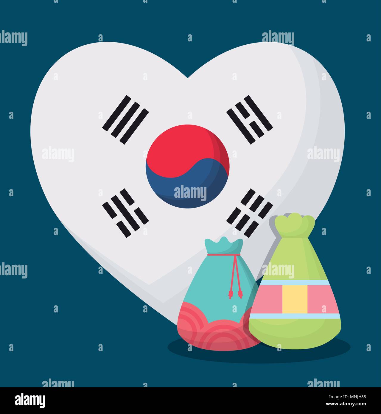 south korean flag in heart shape and lucky bags over blue background ...