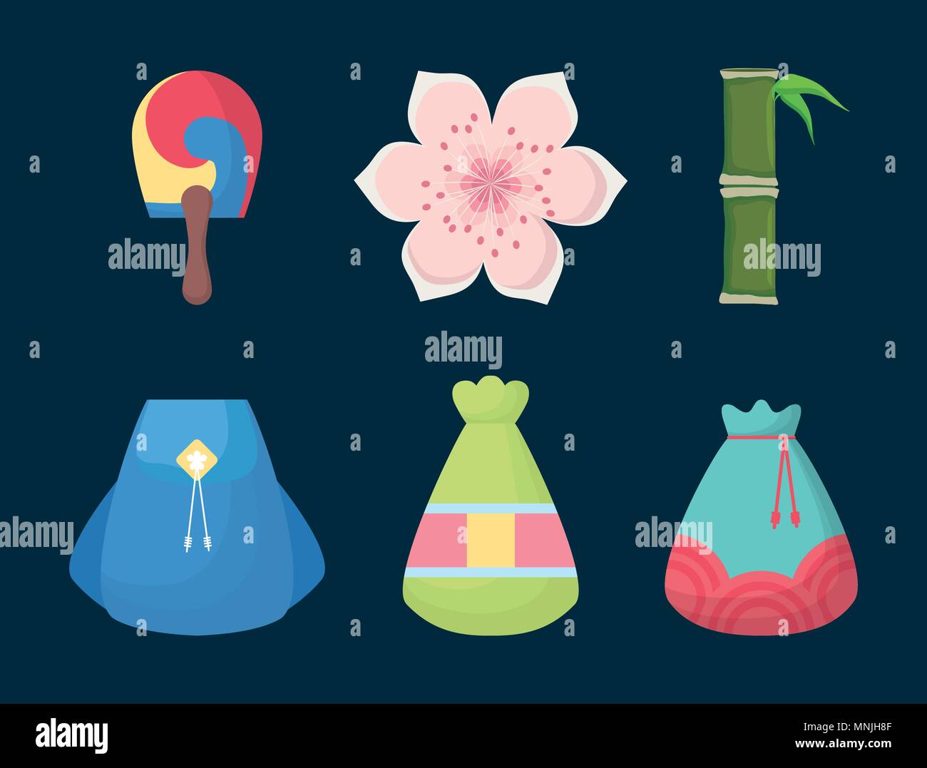 icon set of south korean iconics objects over blue background, colorful ...
