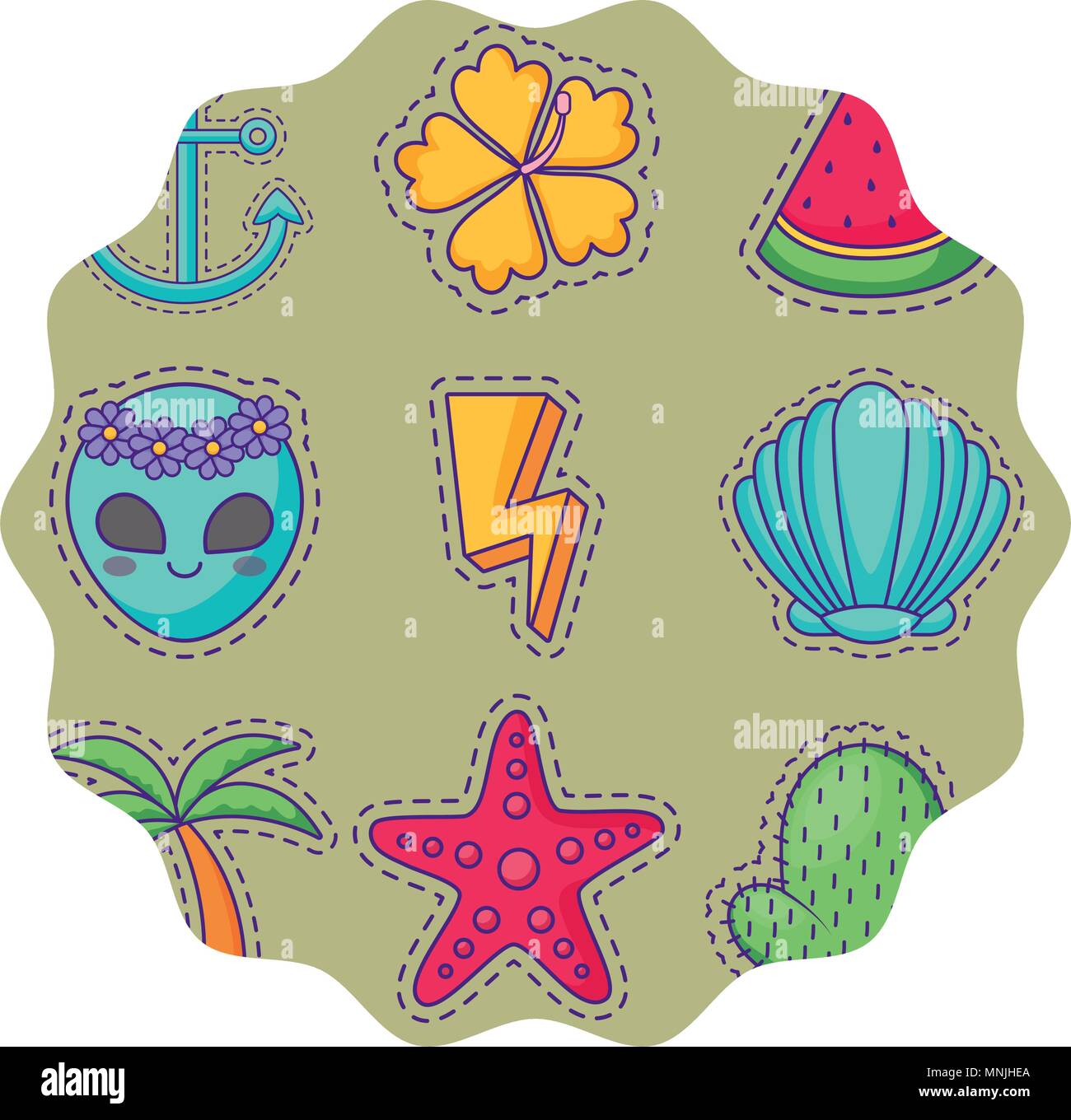 circular frame with tropical palms and cactus pattern over white ...