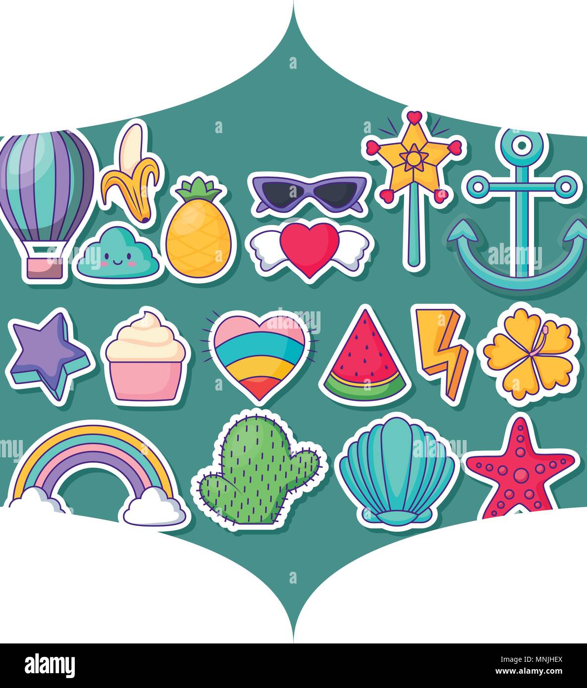decorative frame with kawaii clouds and cute icons pattern over white ...