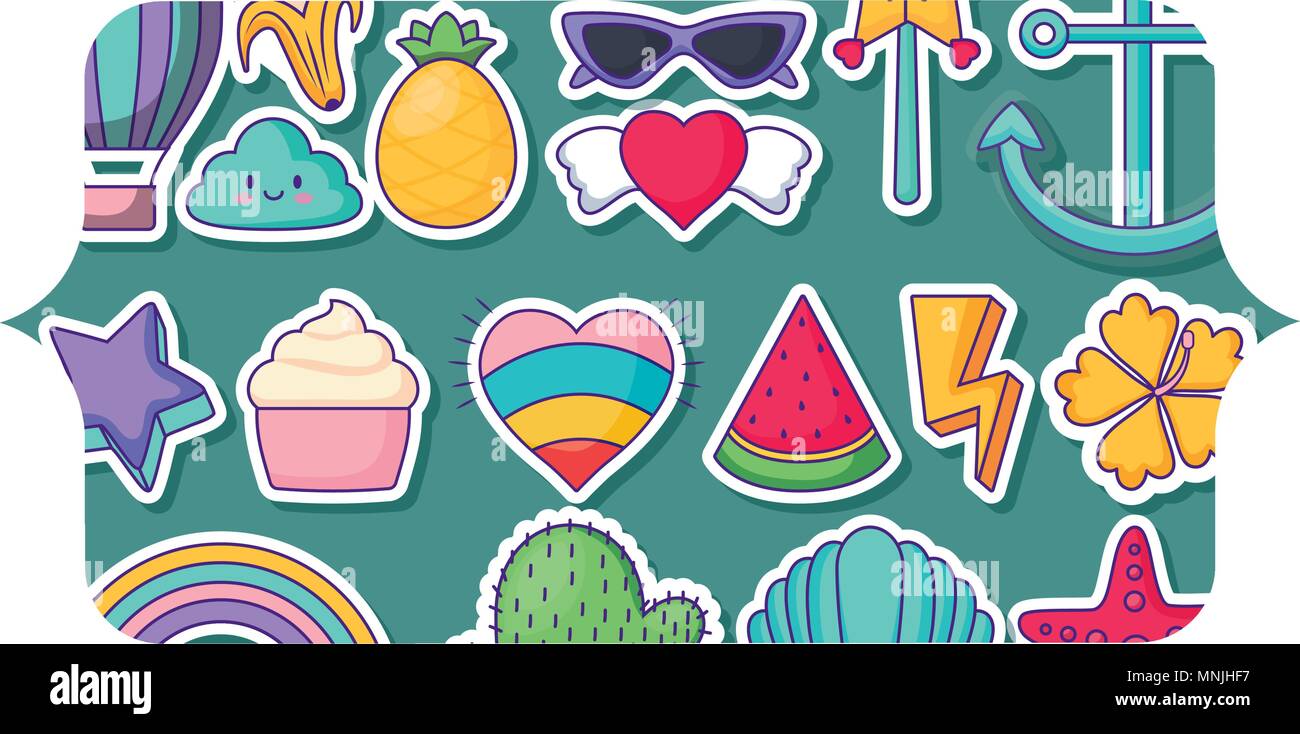 banner with kawaii clouds and cute icons pattern over white background ...
