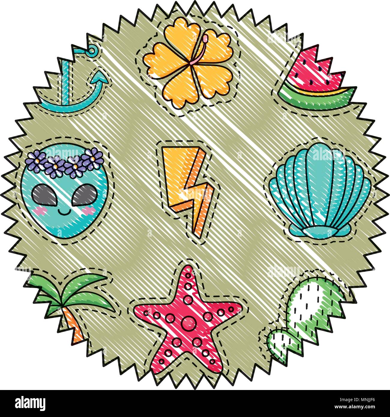 seal stamp with alien and tropical palms pattern over background ...