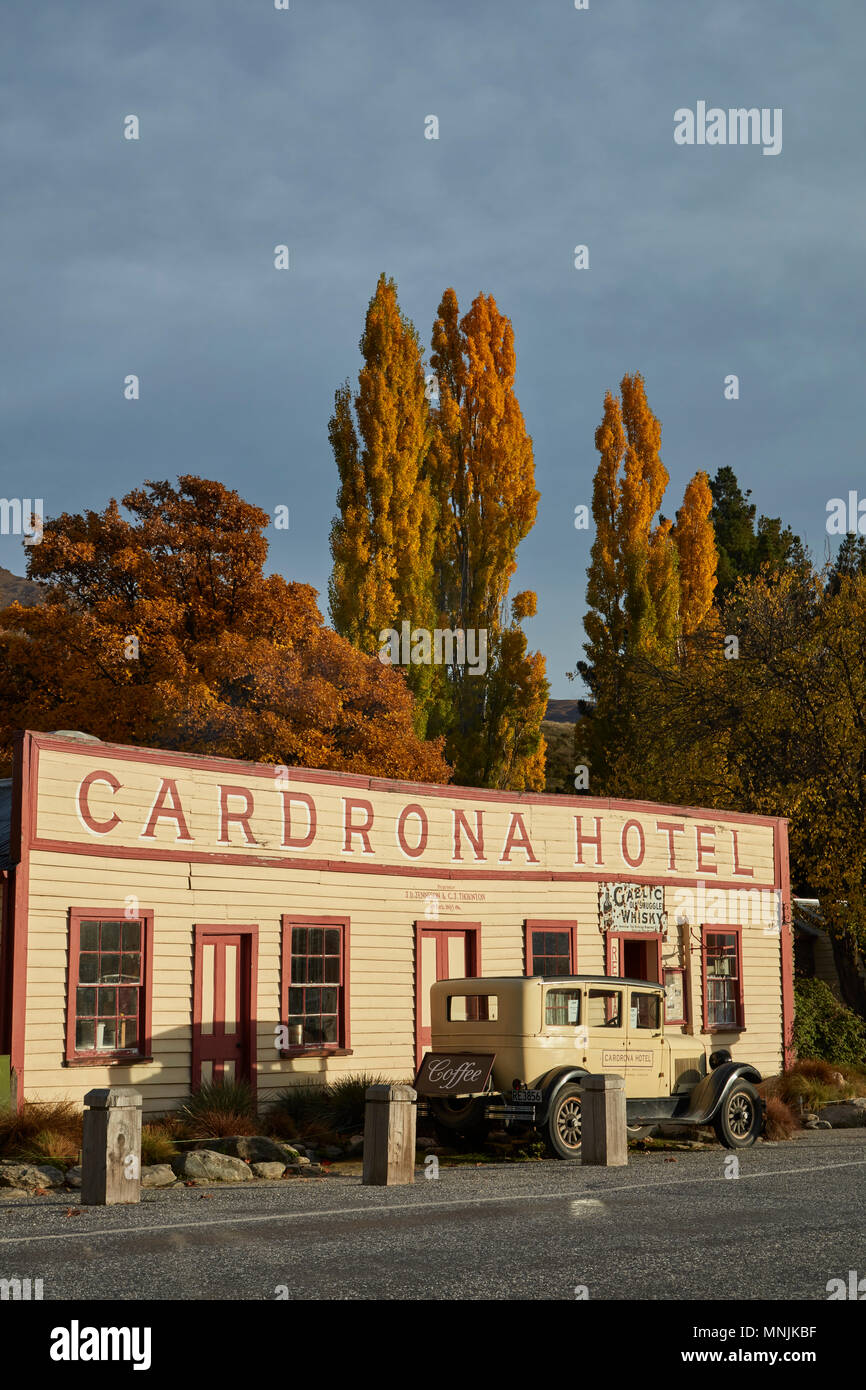 Historic Cardrona Hotel and vintage car, near Wanaka, South Island, New ...