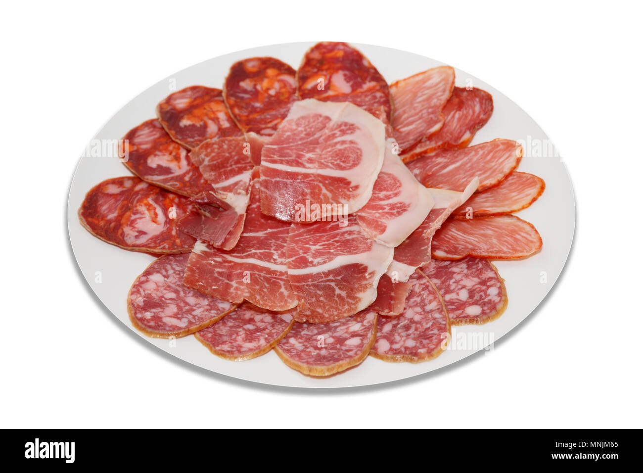 dry-cured cold meat slices on plate and white background Stock Photo ...