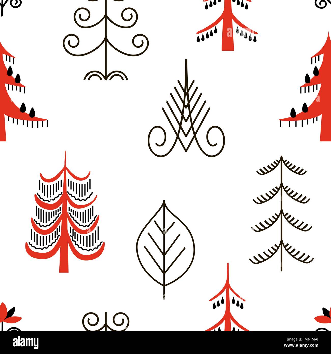 Six red trees seamless pattern. National scandinavian paintings. Folk ...