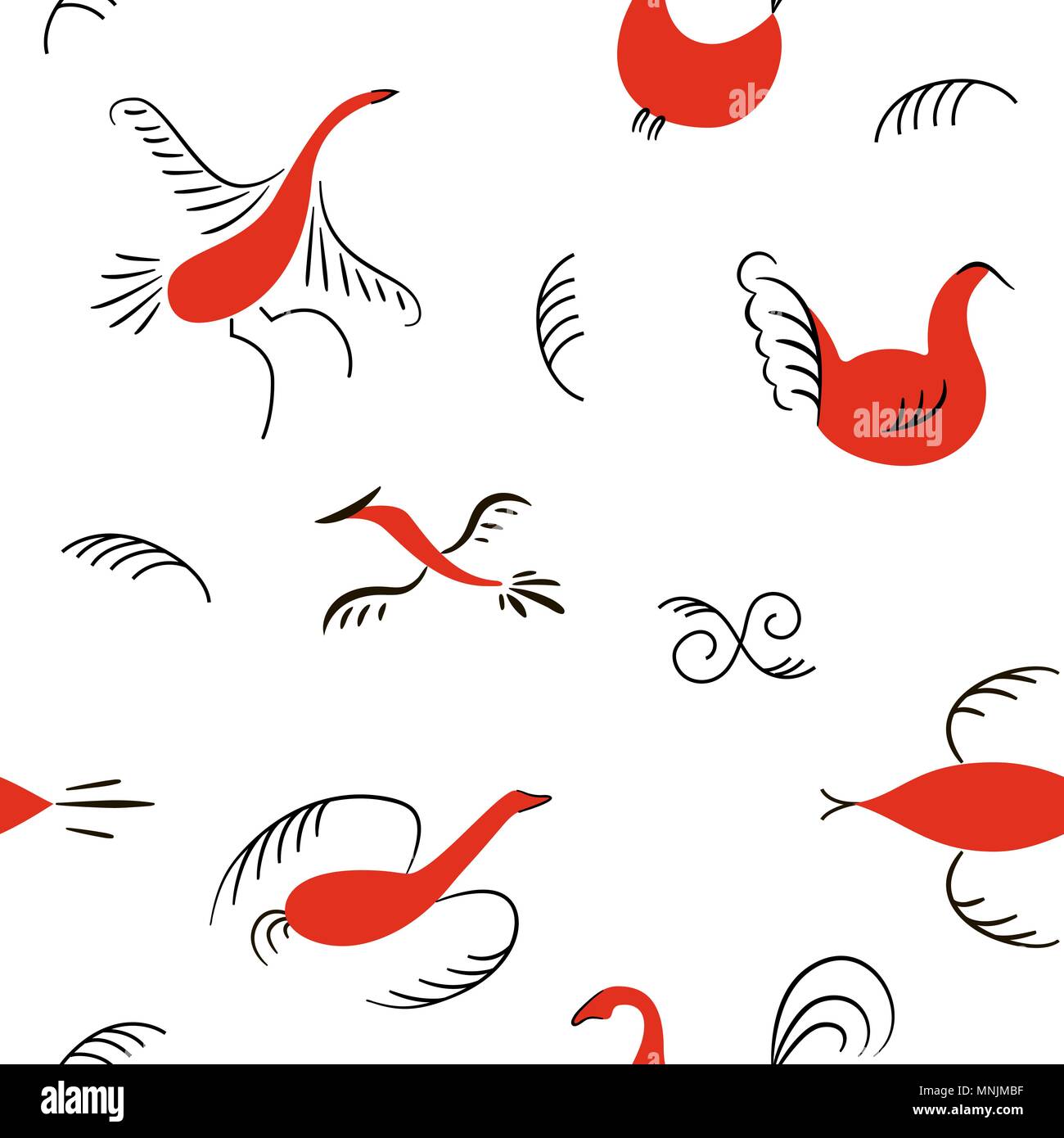 Six red birds seamless pattern. National scandinavian paintings. Folk ...