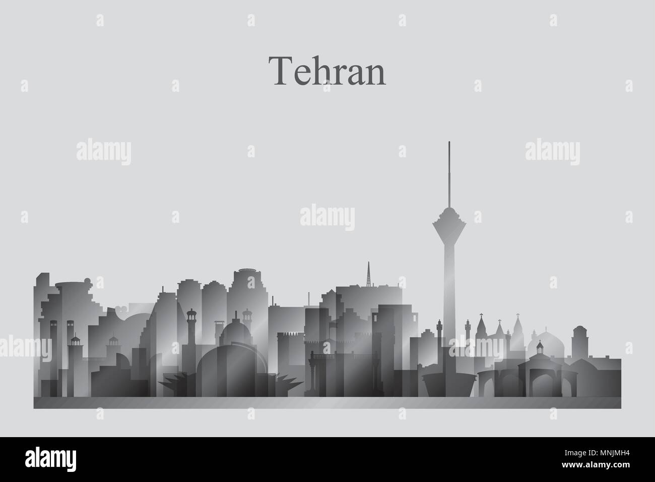 Tehran city skyline silhouette in grayscale vector illustration Stock ...