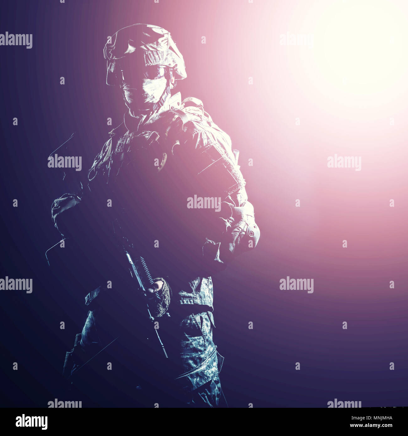 Infantry rifleman standing with weapon in darkness Stock Photo - Alamy