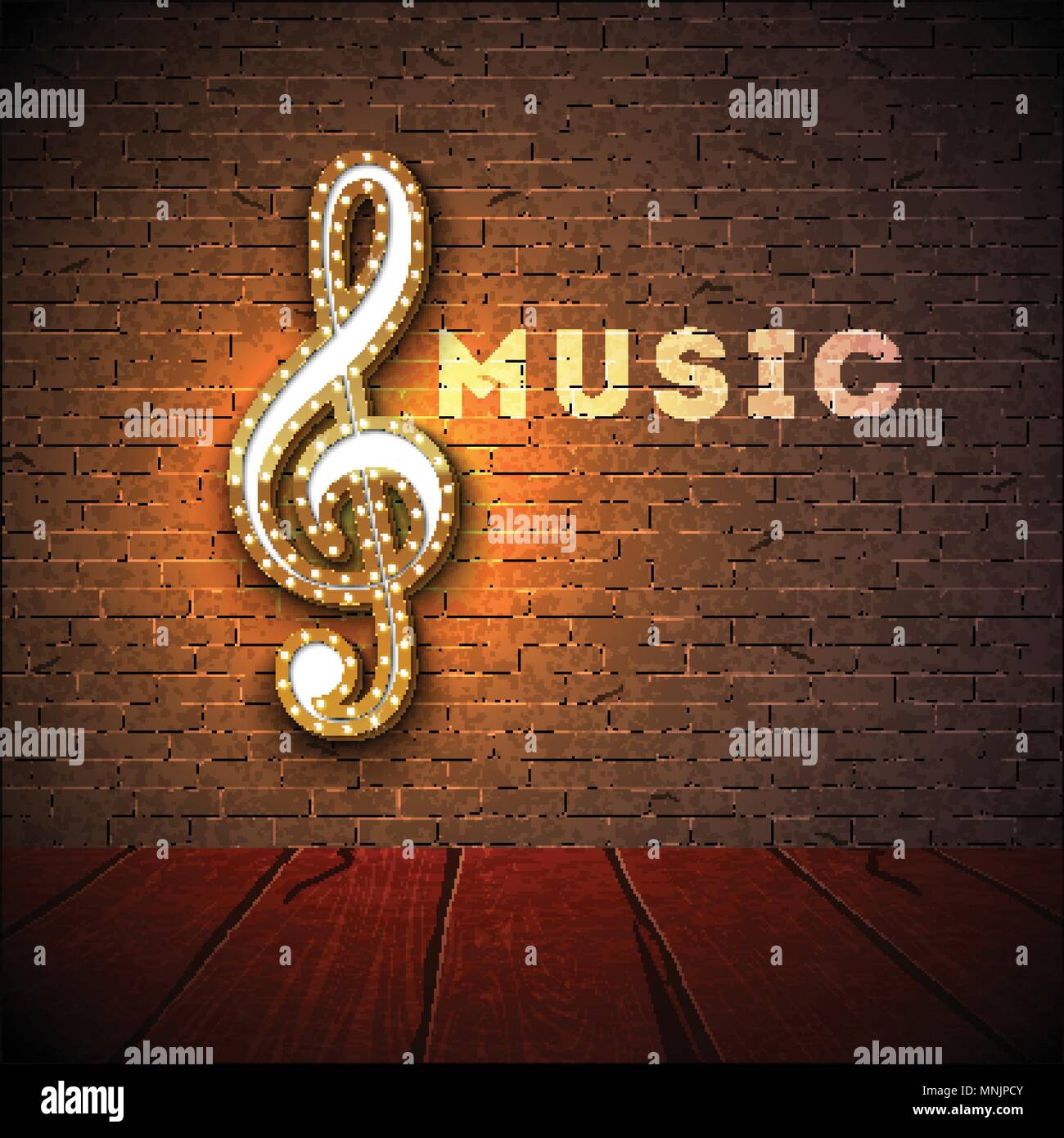 Music illustration with violin key lighting signboard on brick wall ...