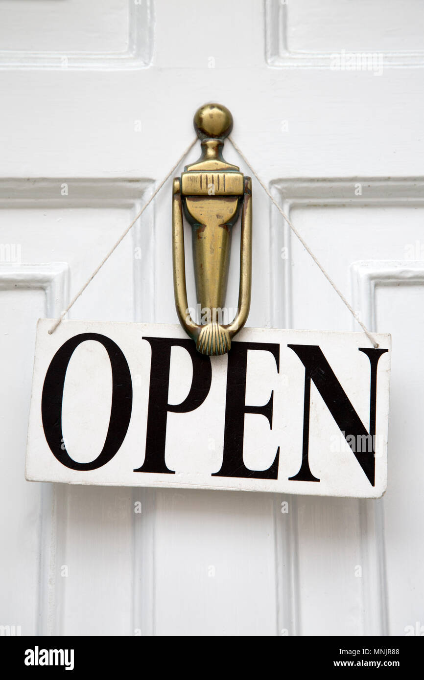 White Open Sign on Shop Door Stock Photo - Alamy