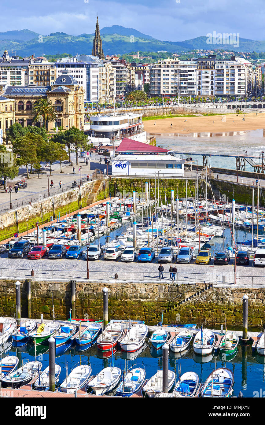 Aerial view of the port of San Sebastian with the Concha Beach in ...