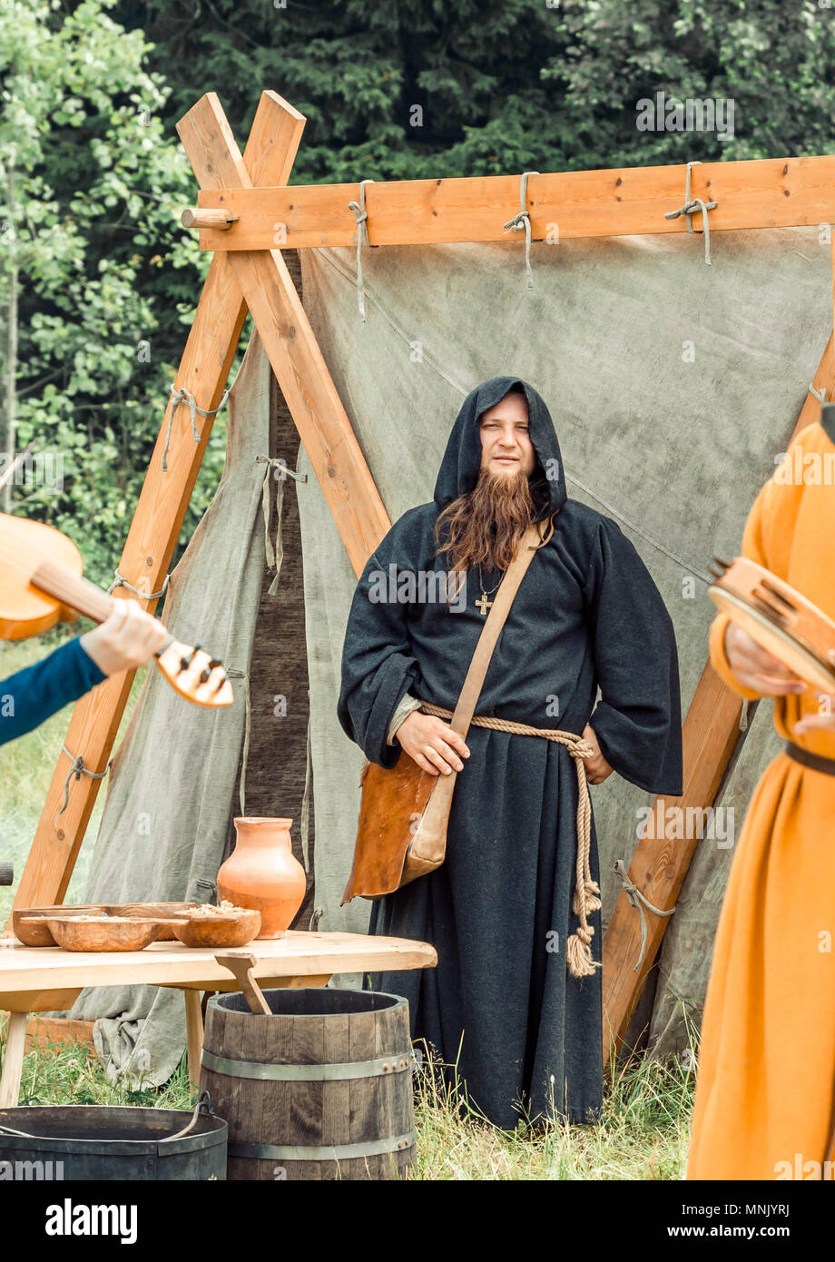 RITTER WEG, RUSSIA, MOROZOVO, APRIL 2017: Festival of the European Middle Ages. Monks in long ...