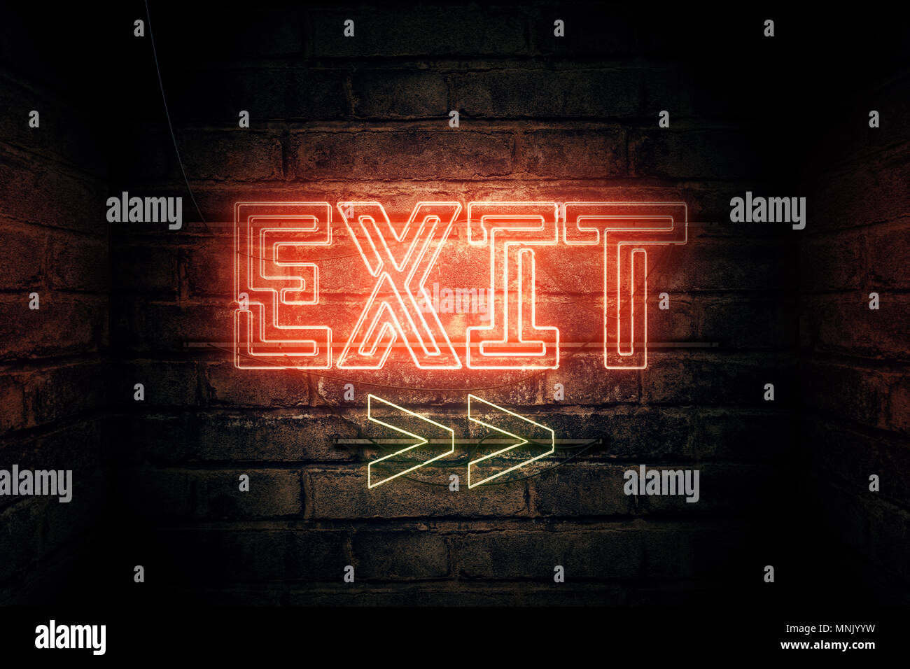Exit Neon sign mounted on brick wall, conceptual 3d rendering ...