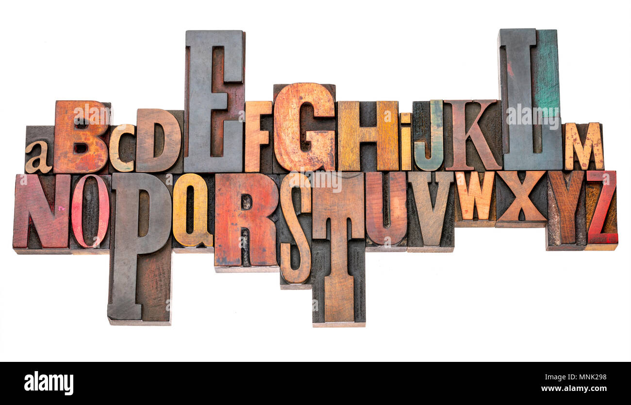 isolated alphabet abstract in vintage letterpress wood type blocks ...