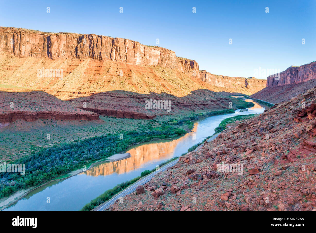 Canyon of Colorado RIver above Moab, Utah - aerial view in morning ...