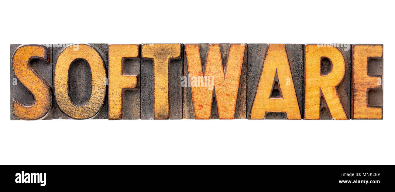software - isolated word in vintage wooden letterpress printing blocks ...