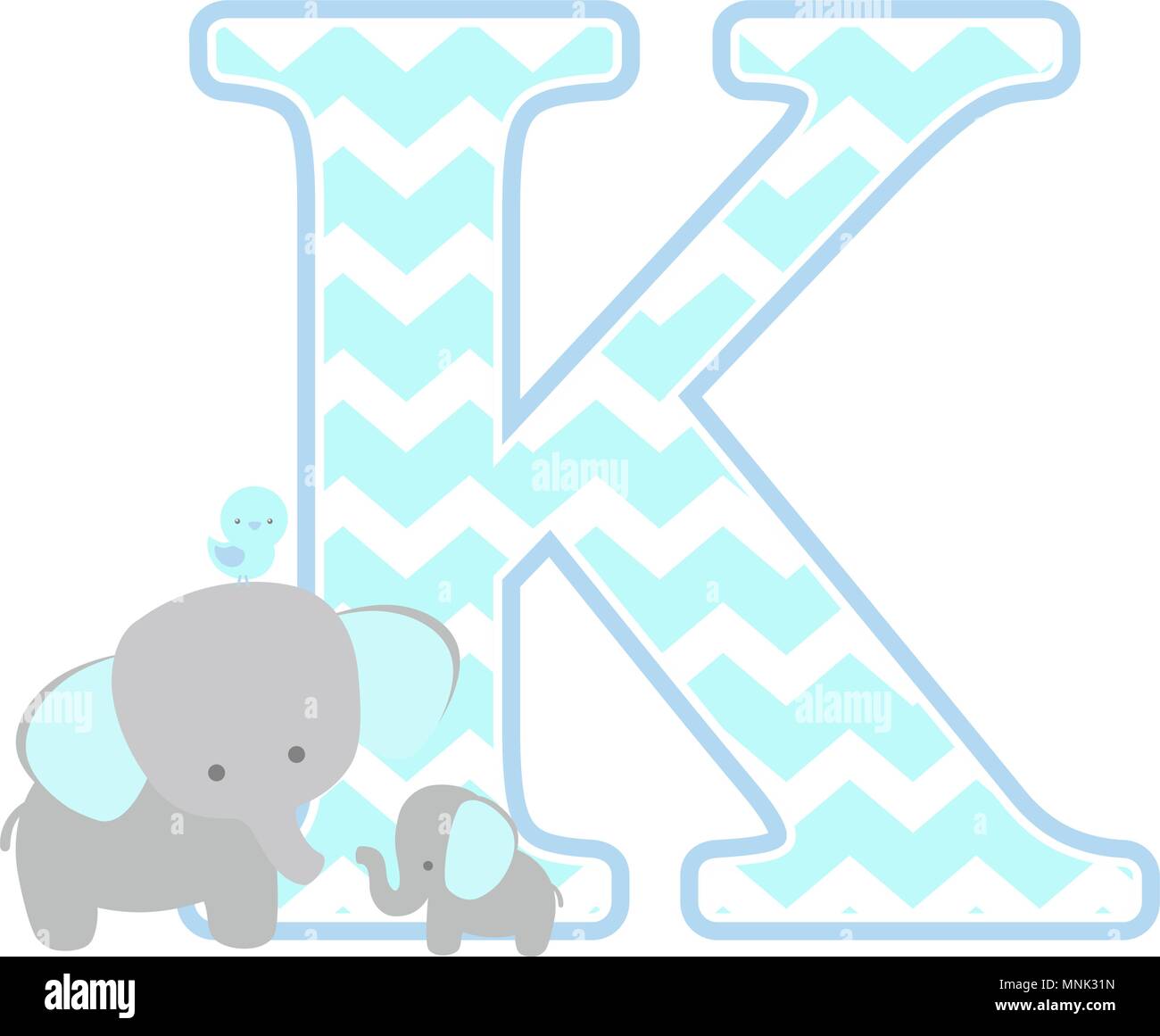 initial k with cute elephant and little baby elephant isolated on white ...