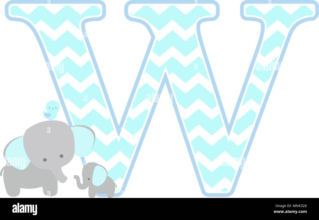 initial w with cute elephant and little baby elephant isolated on white ...