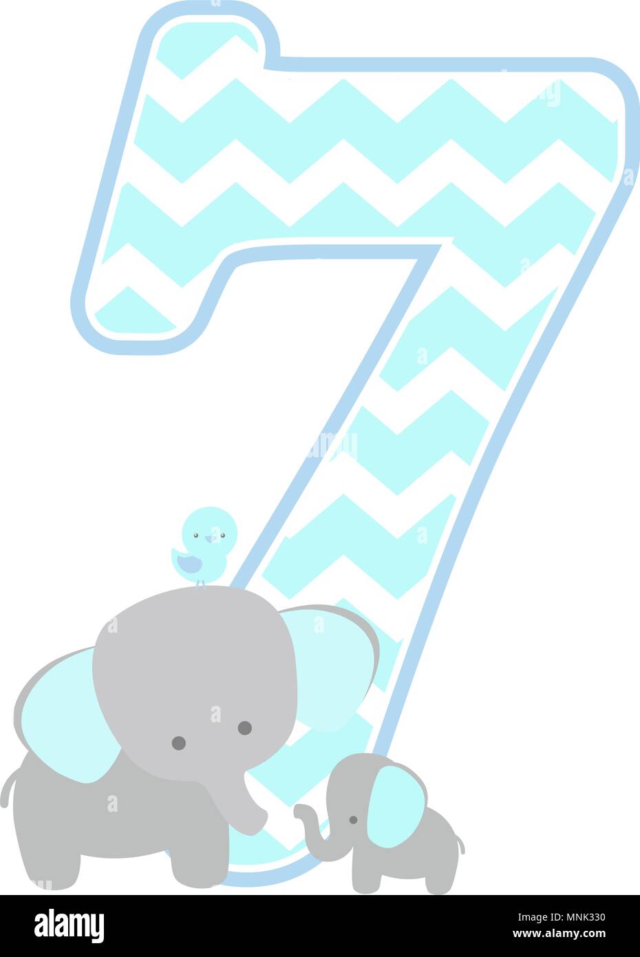 number 7 with cute elephant and little baby elephant isolated on white ...