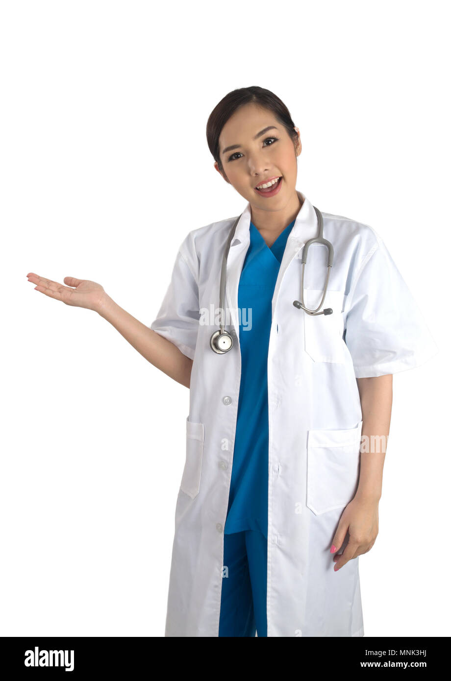 Female doctor in uniform open her right hand for warming welcome Stock ...