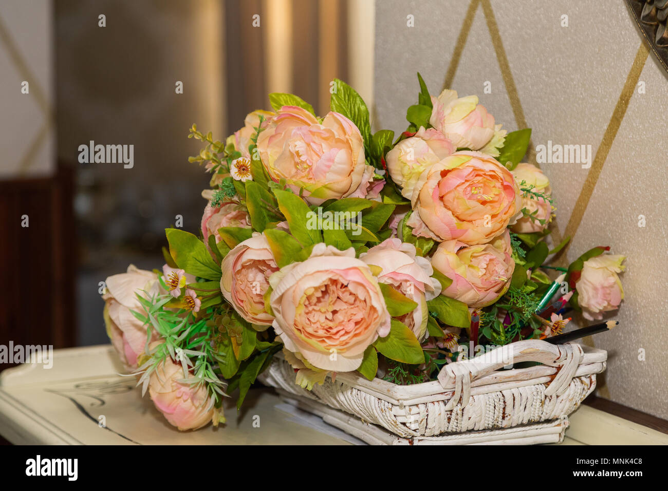 Flowers on a table with a beautiful background Stock Photo - Alamy