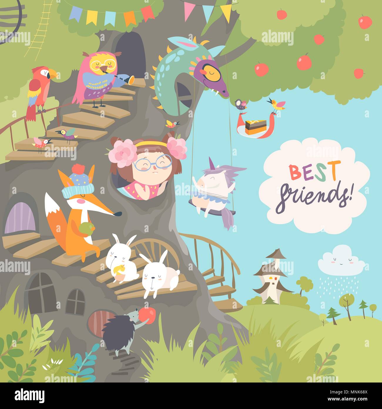 Cute treehouse with little girl and animals Stock Vector Image & Art ...