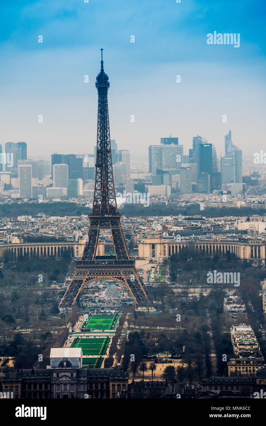 Aerial cityscape of Paris, France, with the Eiffel tower seen from the ...