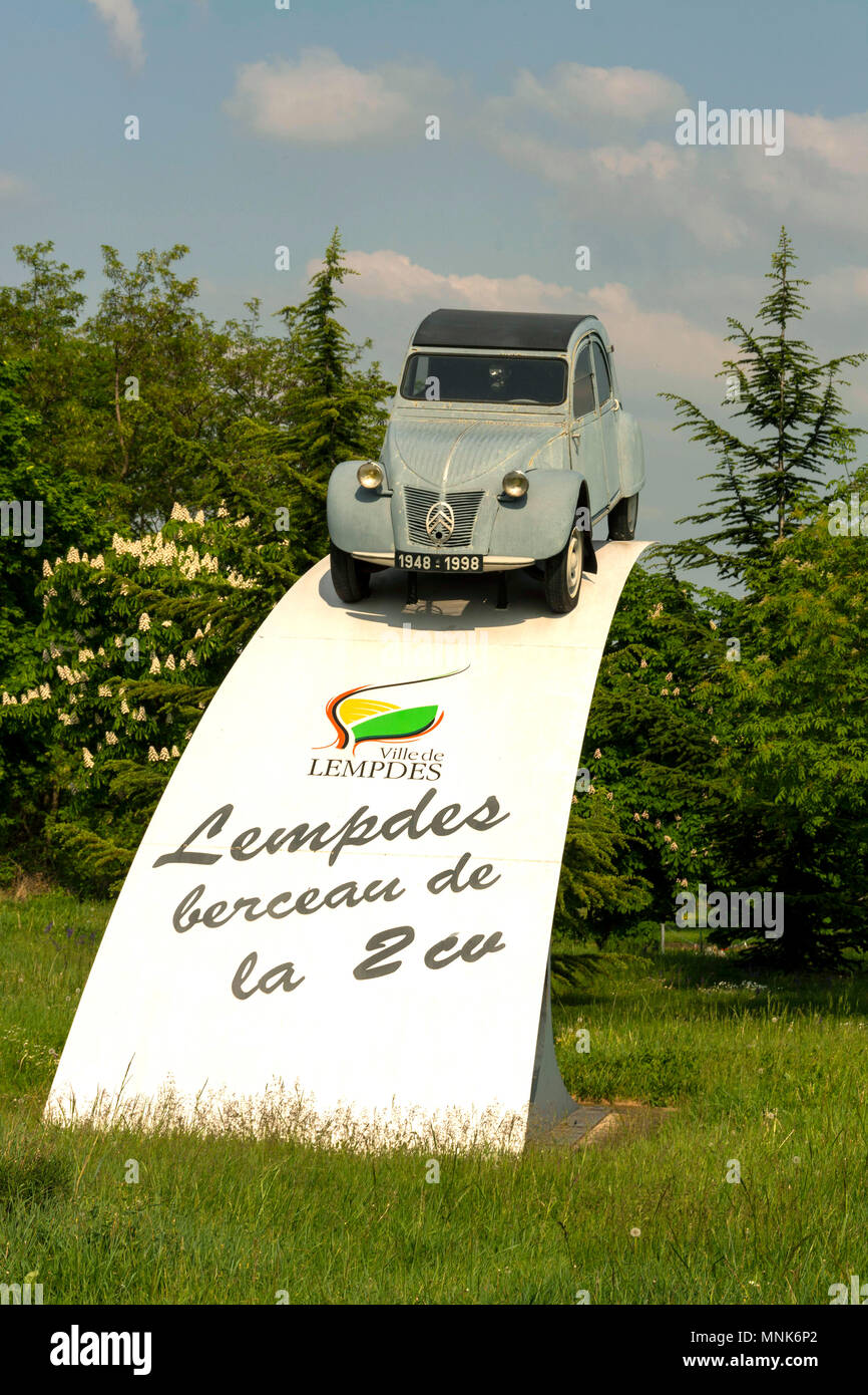 Sculpture memorial of old 2CV citroen. Lempdes city. Puy de Dome ...