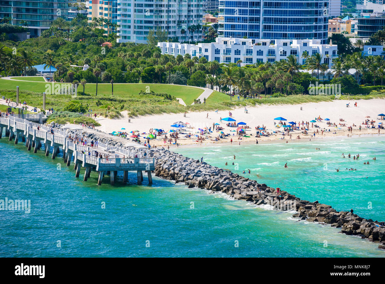 South Pointe Park and Pier at South Beach, Miami Beach. Aerial view ...