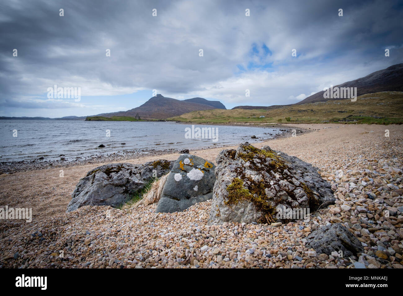 The ruins of Ardvreck Castle, Loch Assynt, an ancient lochside castle ...