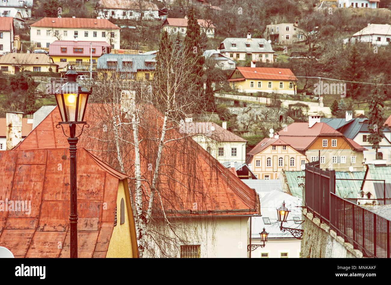 Ancient houses in the old town Banska Stiavnica, Slovak republic ...