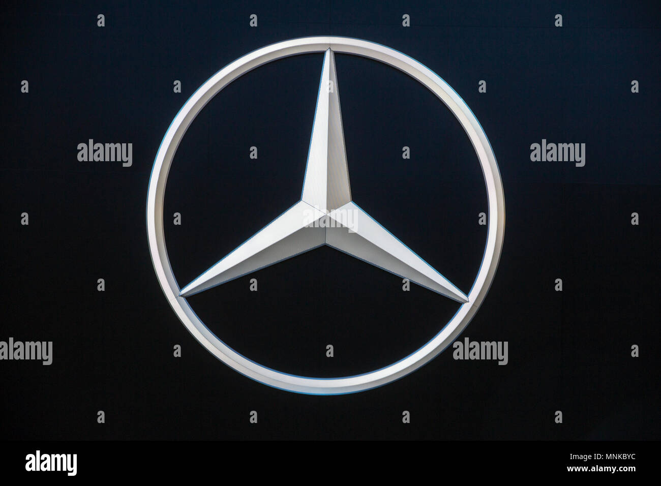 FRANKFURT, GERMANY - SEP 16, 2015: Mercedes Benz logo on the wall of ...