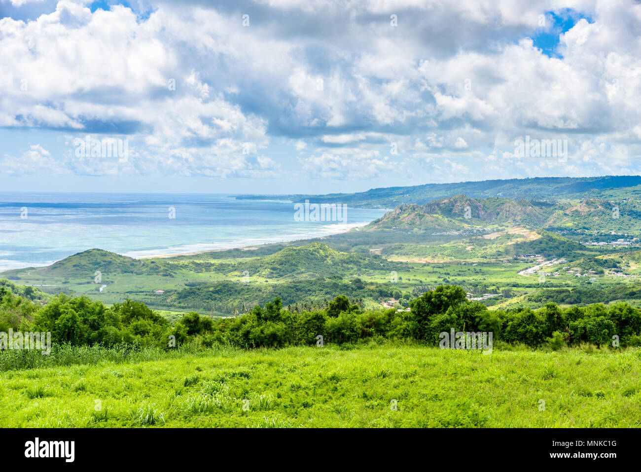 View from Cherry Tree Hill to tropical coast of caribbean island ...