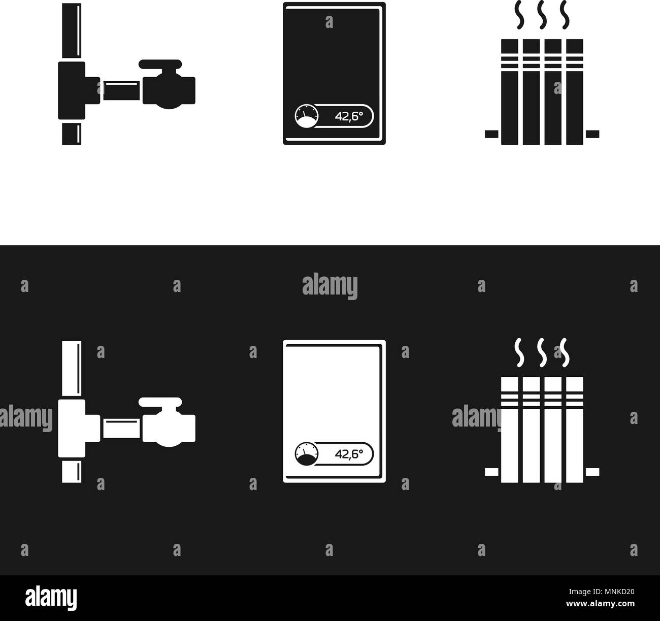 Plumbing glyph icons set. pipe, radiator, boiler in black and white ...