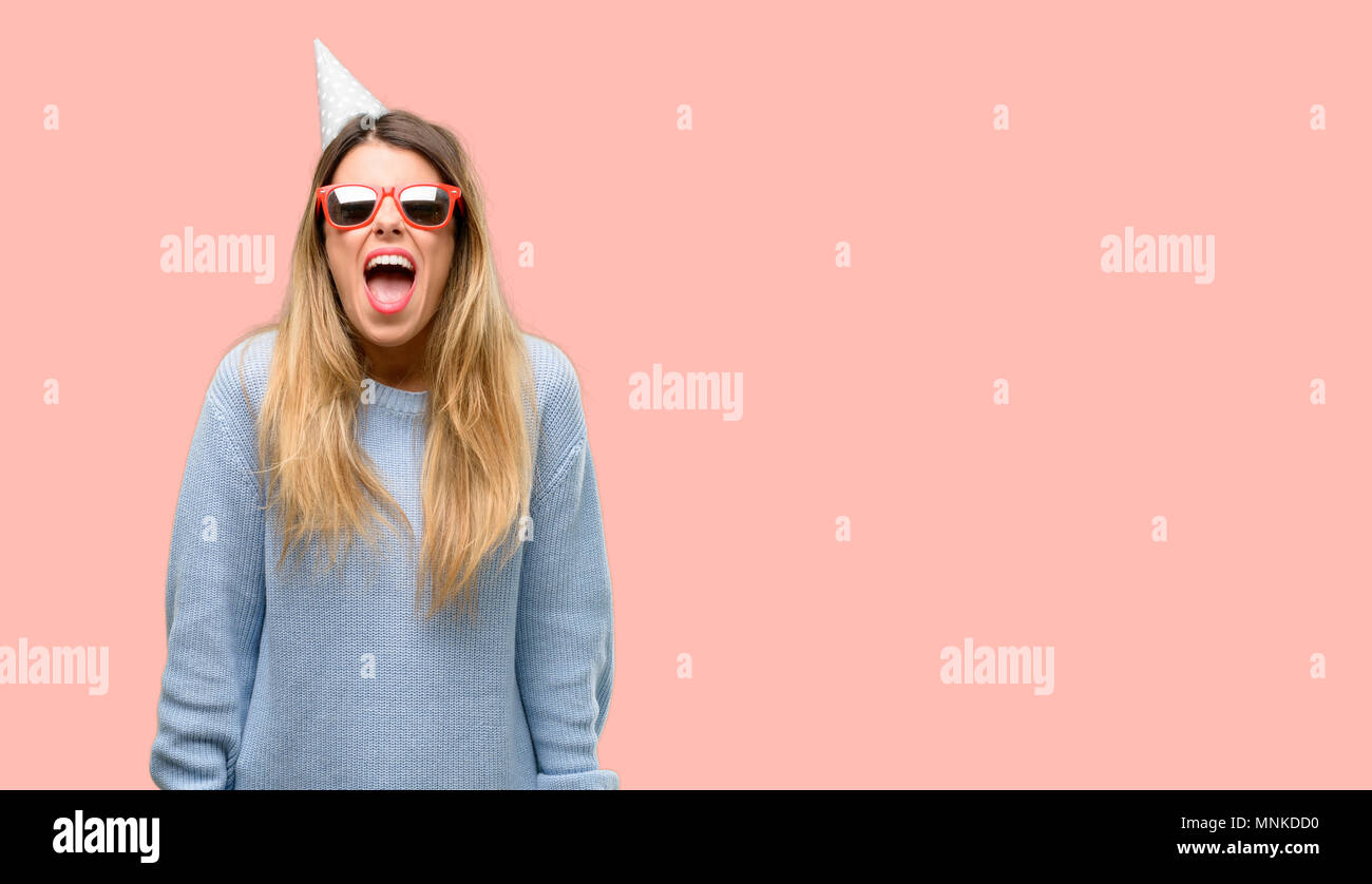 Young woman celebrates birthday stressful, terrified in panic, shouting ...