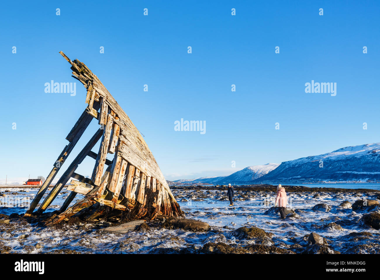 Kids exploring shipwrecked wooden viking boat in Northern Norway Stock ...