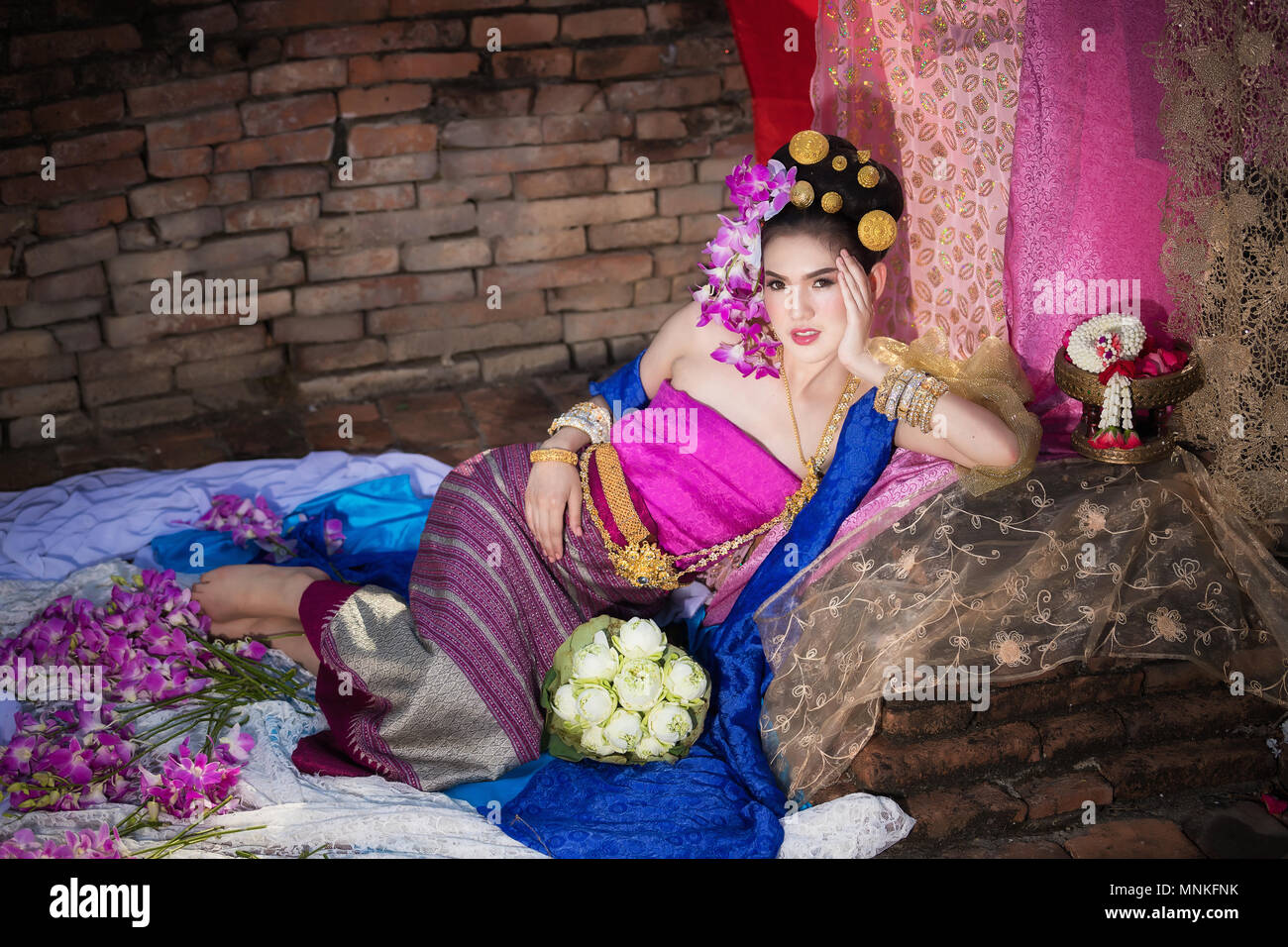 Portrait of Beautiful rural thai woman wear thai dress in Chiang Mai ...