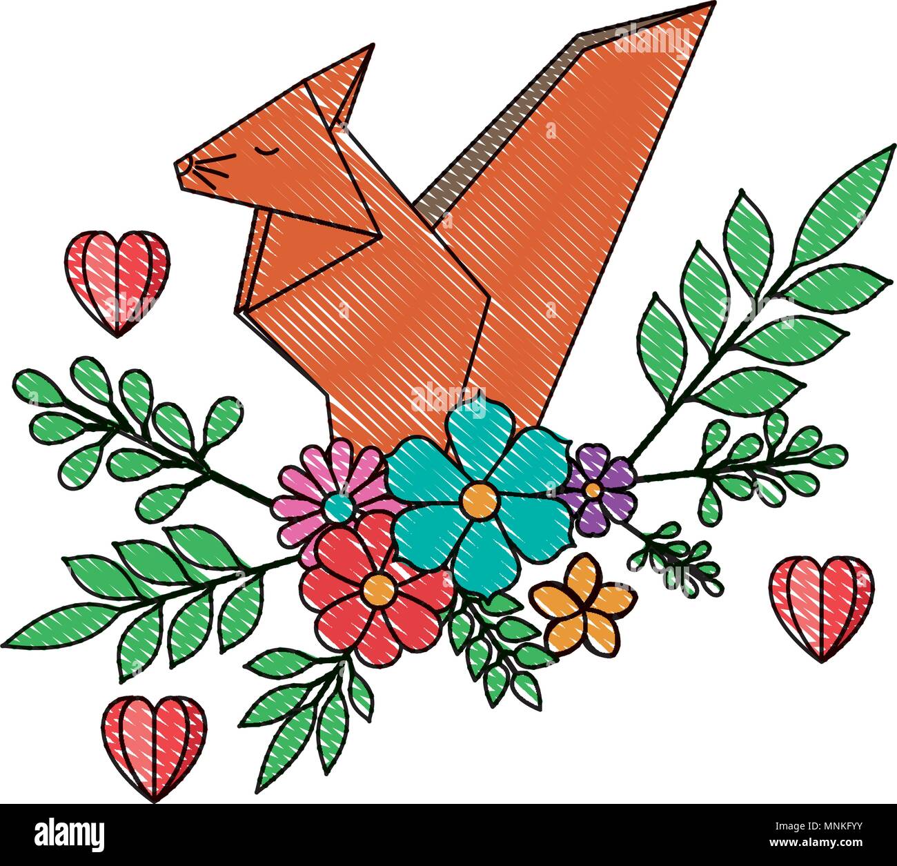 chipmunk origami paper with floral decoration and hearts Stock Vector ...