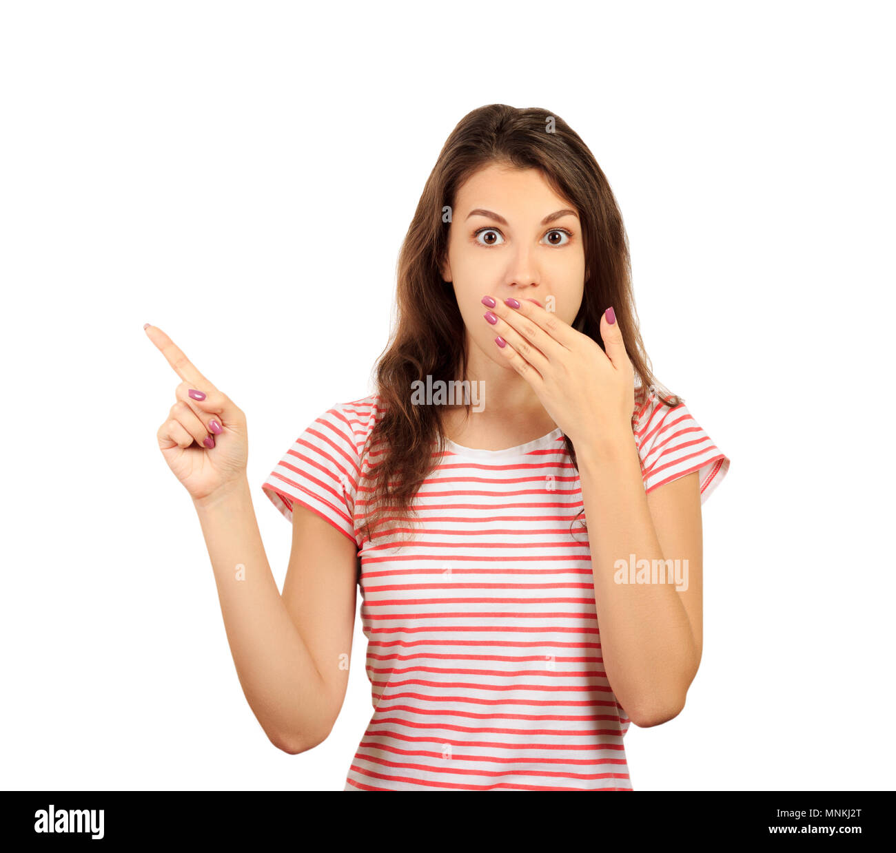 Smiling joyful woman with copy space for advertisment or promotional ...