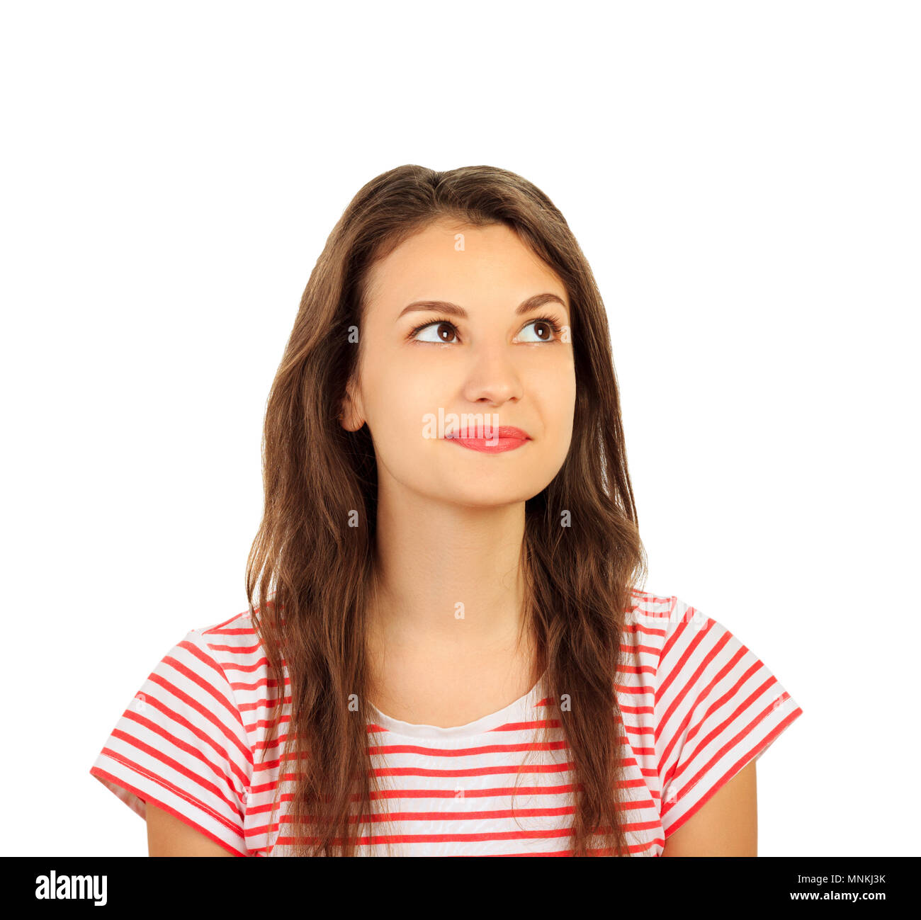 Beautiful thoughtful woman looking up. emotional girl isolated on white ...