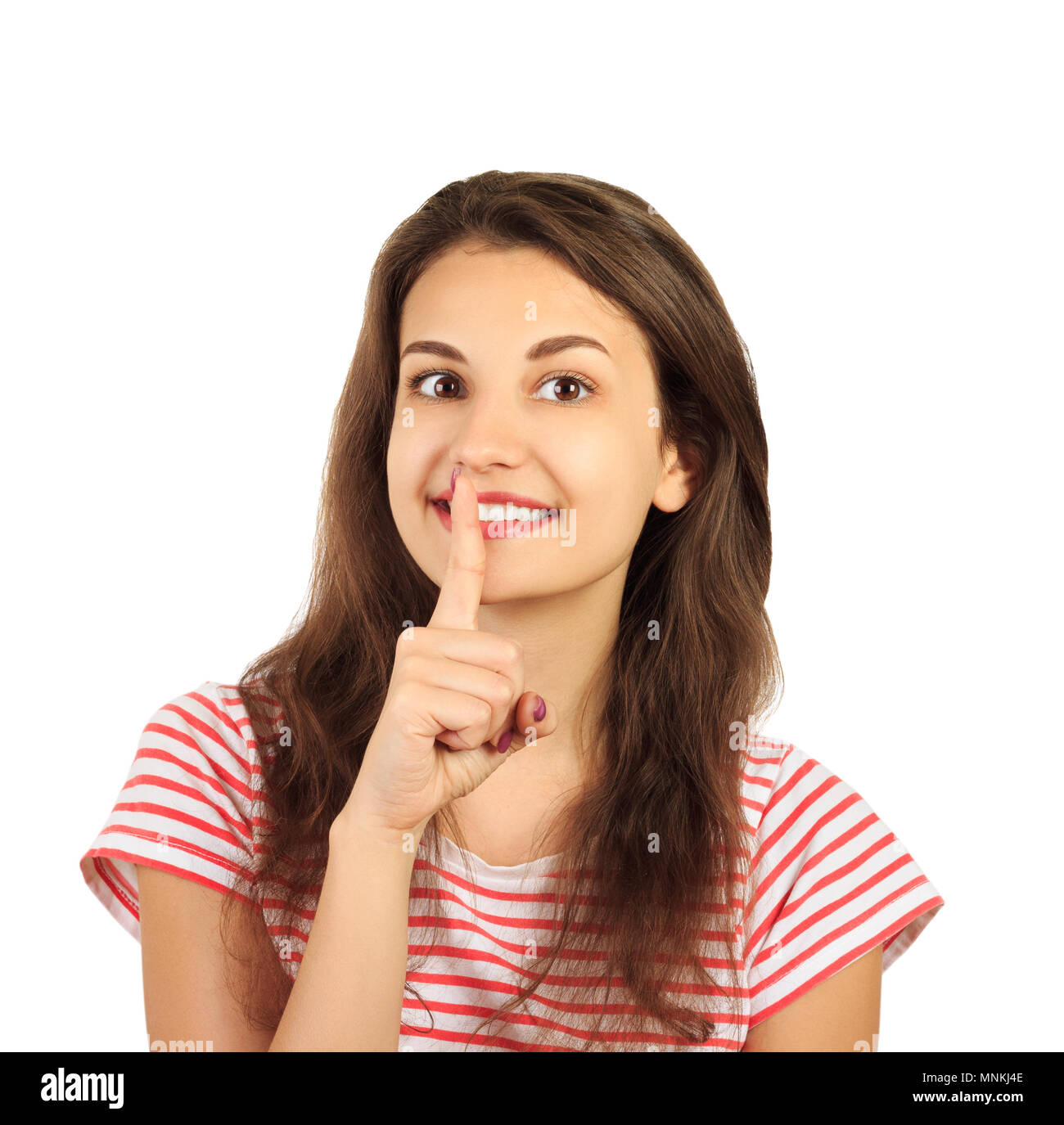 Secret woman. Smiling female showing hand silence sign. emotional girl ...