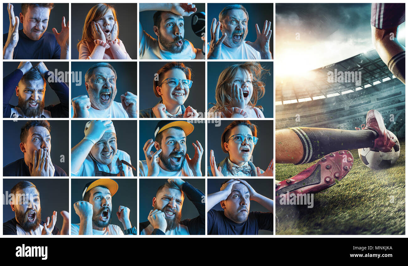 Collage about emotions of football fans watching soccer on tv Stock ...