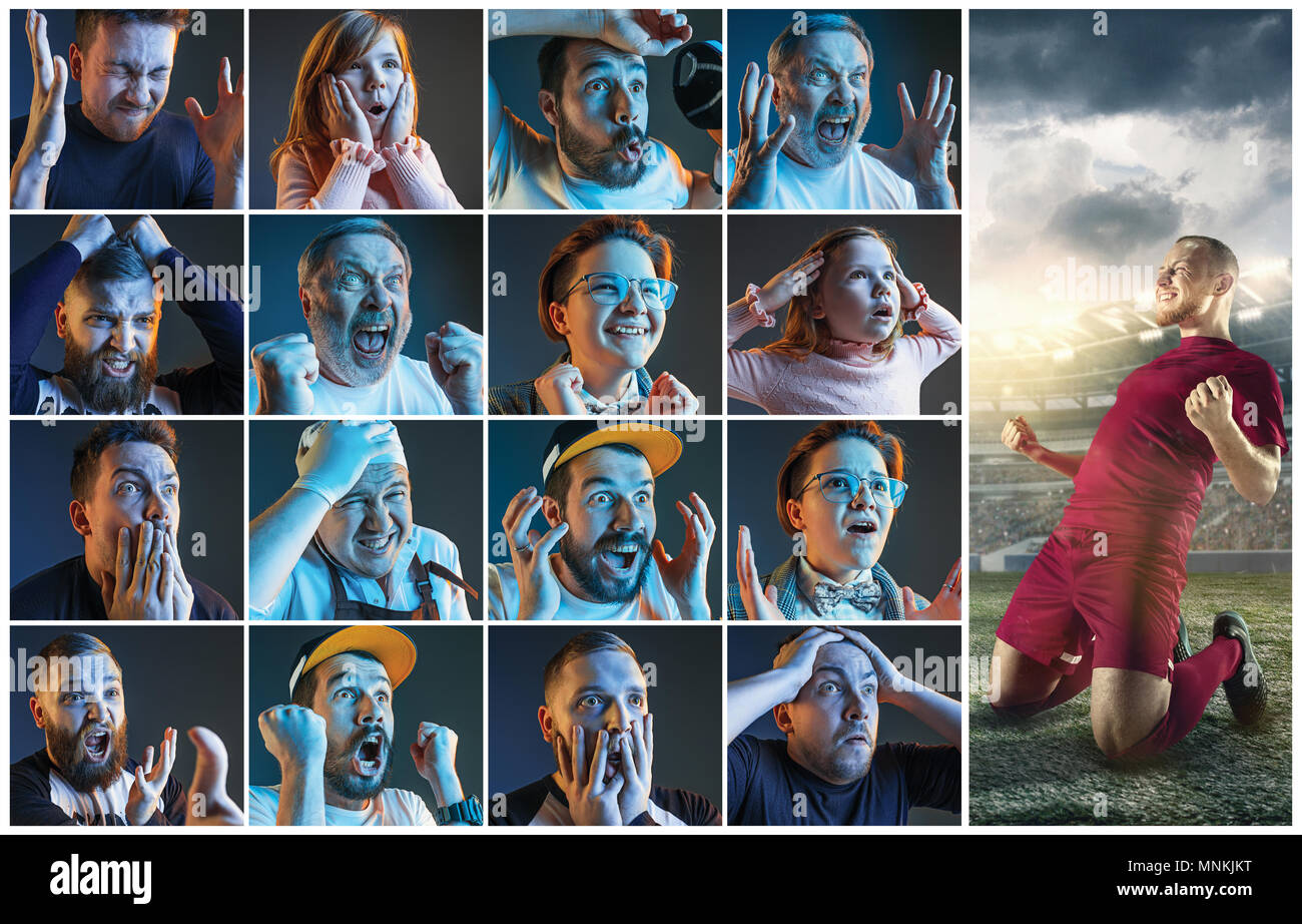 Collage about emotions of football fans watching soccer on tv Stock ...