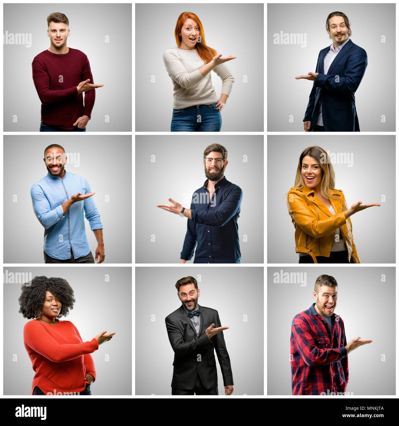 Group of mixed people, women and men holding something in empty hand ...