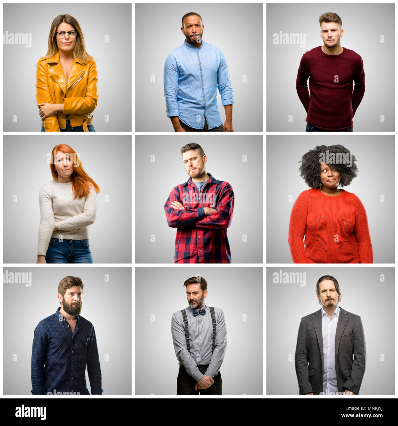 Group of mixed people, women and men doubt expression, confuse and ...