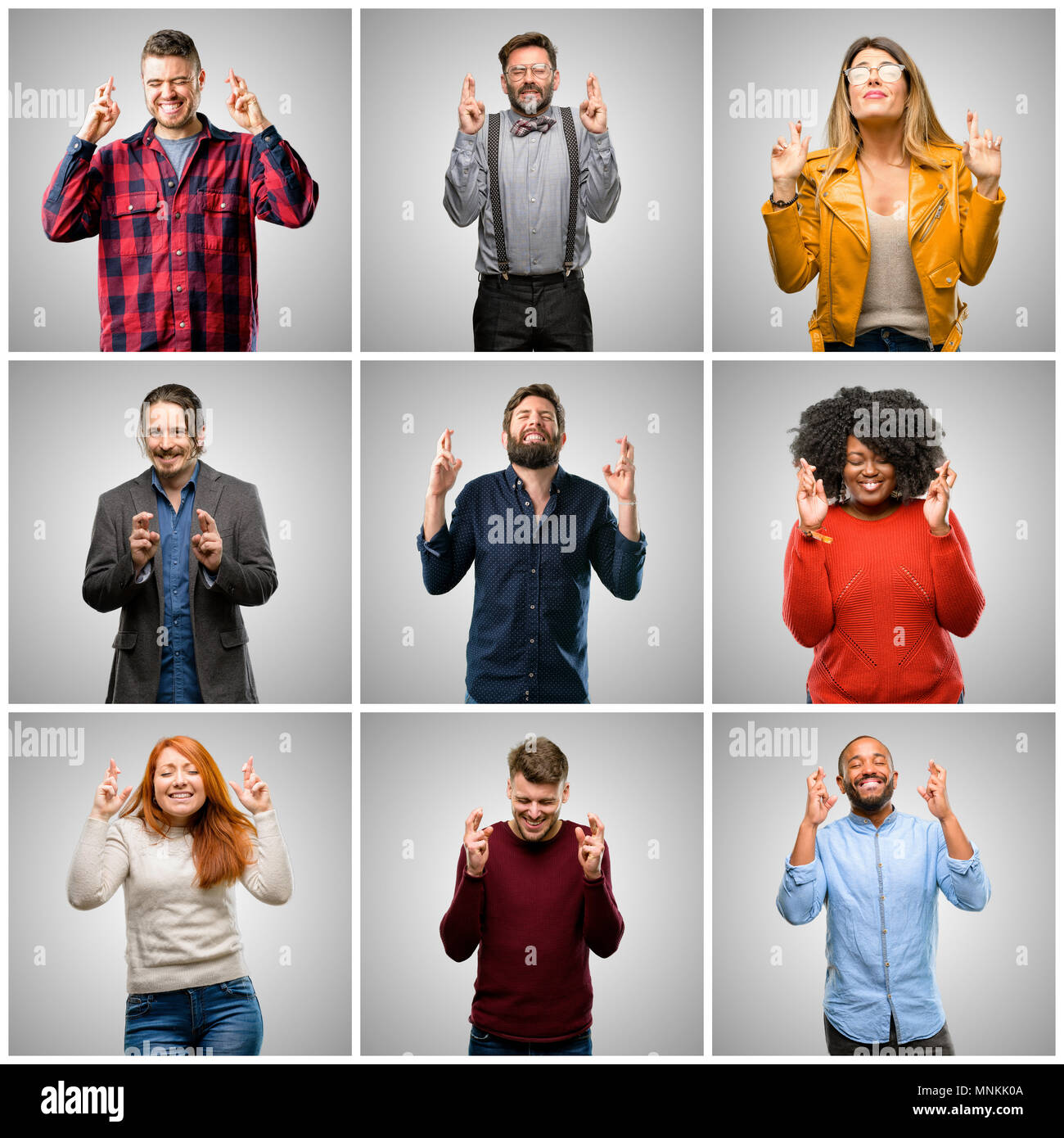 Group of mixed people, women and men with crossed fingers asking for ...