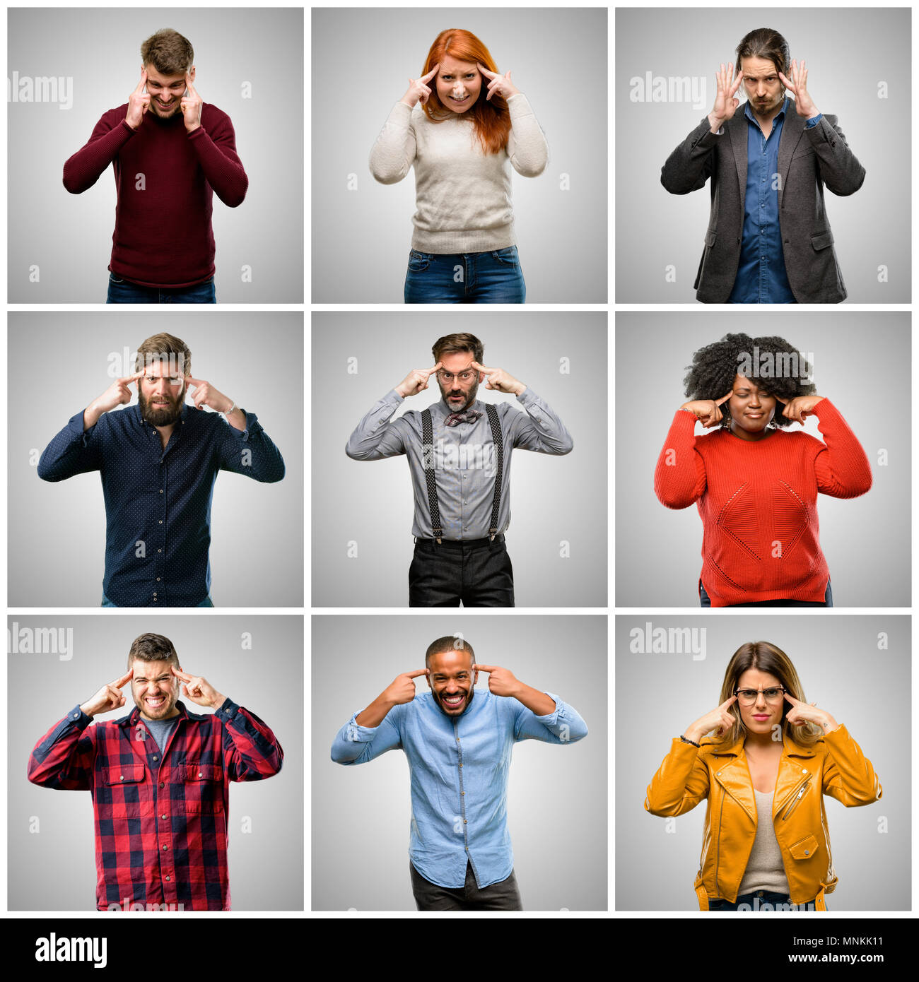 Group of mixed people, women and men doubt expression, confuse and ...