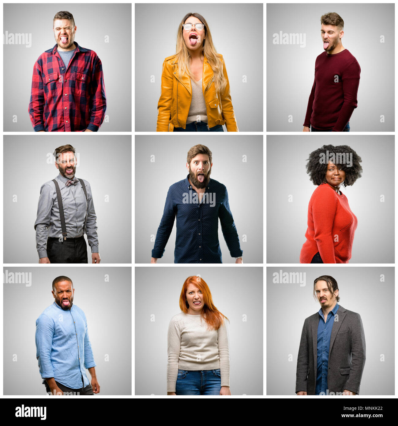 Group of mixed people, women and men feeling disgusted with tongue out ...