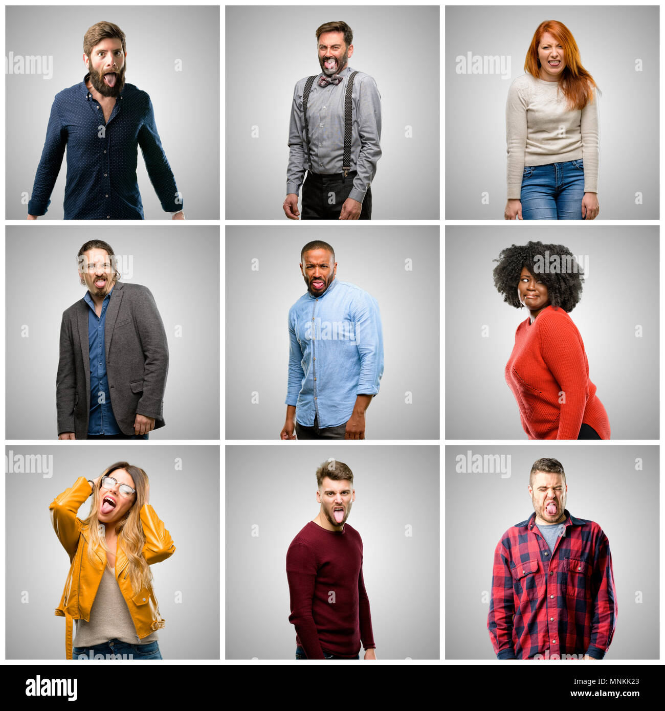 Group of mixed people, women and men feeling disgusted with tongue out ...